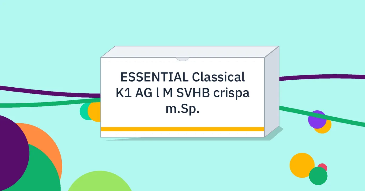 Symbolbild: Packung mit der Aufschrift ESSENTIAL Classical K1 AG l M SVHB crispa m.Sp. (PZN 18420820) – Verfügbarkeit und Bezug in Apotheken in Frankfurt am Main