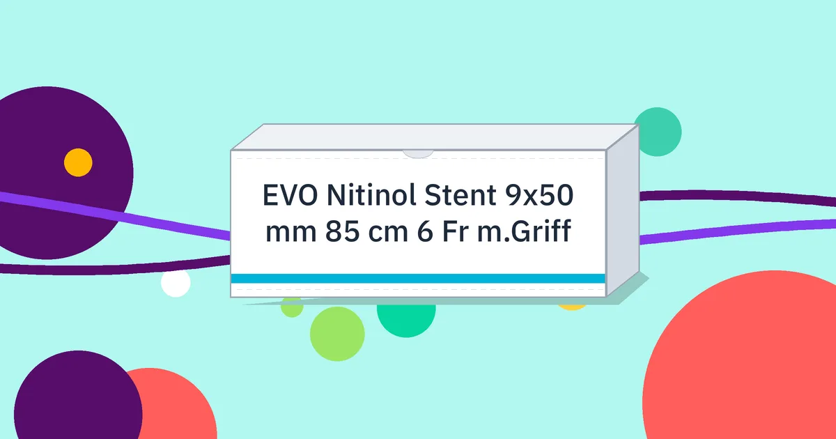 Symbolbild: Packung mit der Aufschrift EVO Nitinol Stent 9x50 mm 85 cm 6 Fr m.Griff (PZN 00223214) – Verfügbarkeit und Bezug in Apotheken in Frankfurt am Main