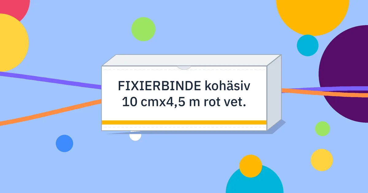 Symbolbild: Packung mit der Aufschrift FIXIERBINDE kohäsiv 10 cmx4,5 m rot vet. (PZN 18605212) – Verfügbarkeit und Bezug in Apotheken in Frankfurt am Main