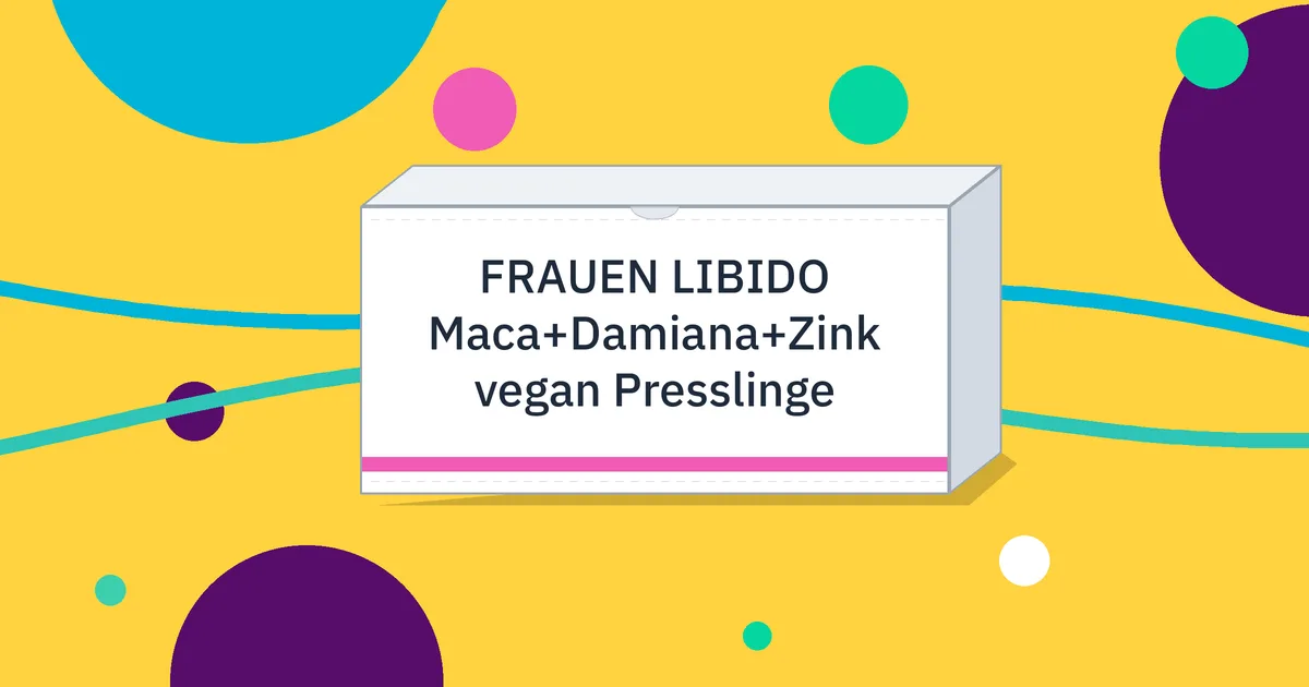 Symbolbild: Packung mit der Aufschrift FRAUEN LIBIDO Maca+Damiana+Zink vegan Presslinge (PZN 17578418) – Verfügbarkeit und Bezug in Apotheken in Frankfurt am Main
