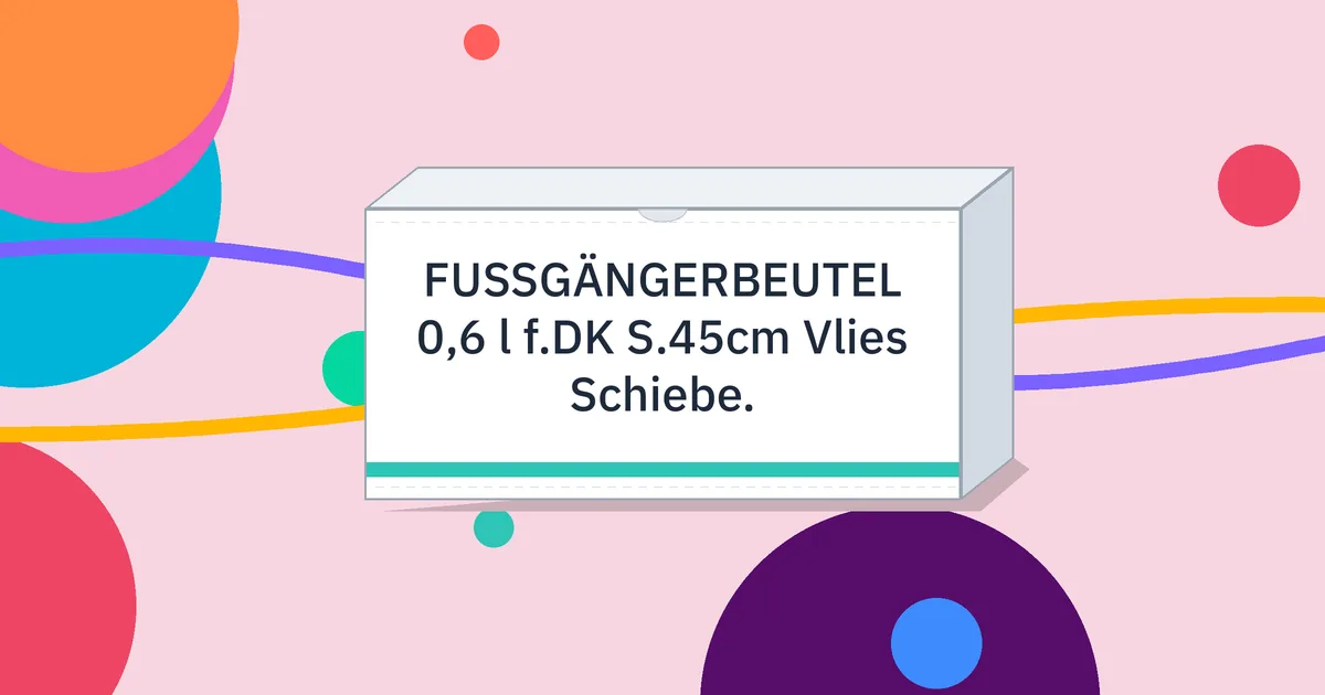 Symbolbild: Packung mit der Aufschrift FUSSGÄNGERBEUTEL 0,6 l f.DK S.45cm Vlies Schiebe. (PZN 06096136) – Verfügbarkeit und Bezug in Apotheken in Frankfurt am Main