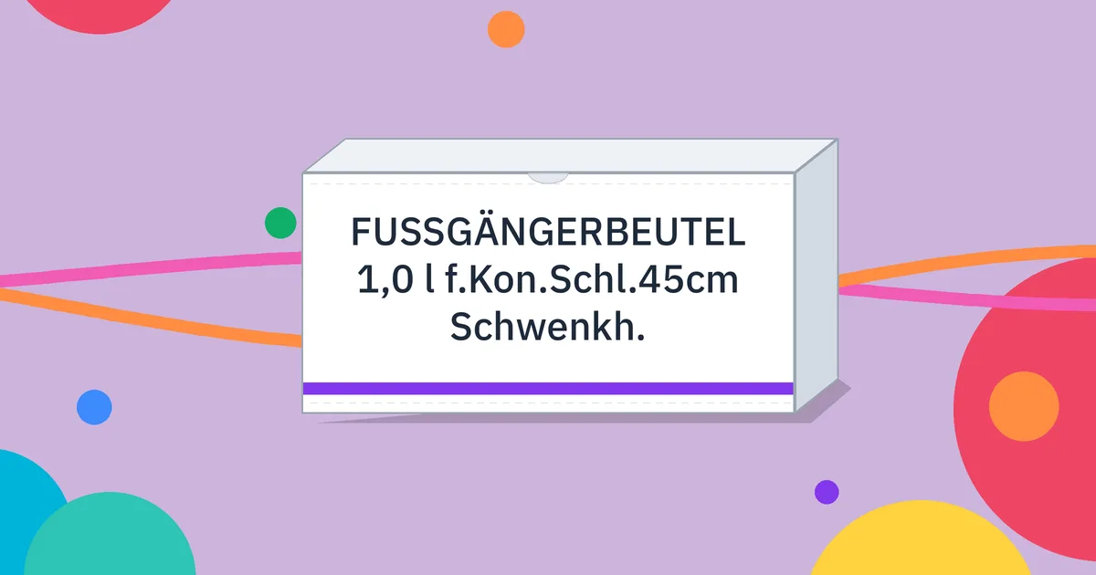 Symbolbild: Packung mit der Aufschrift FUSSGÄNGERBEUTEL 1,0 l f.Kon.Schl.45cm Schwenkh. (PZN 06096805) – Verfügbarkeit und Bezug in Apotheken in Frankfurt am Main