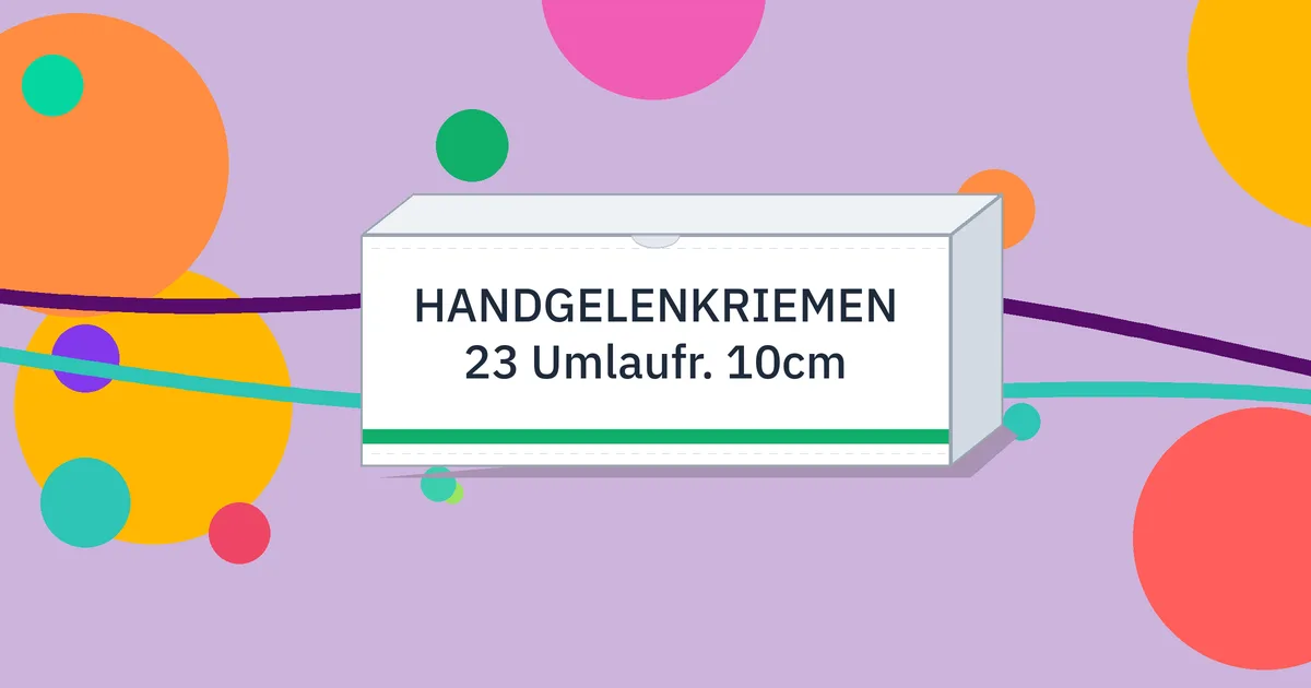 Symbolbild: Packung mit der Aufschrift HANDGELENKRIEMEN 23 Umlaufr. 10cm (PZN 01962824) – Verfügbarkeit und Bezug in Apotheken in Frankfurt am Main