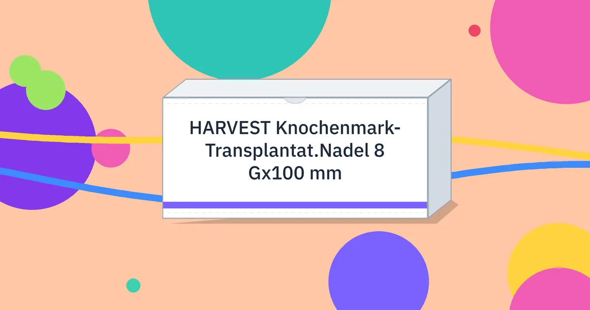 Symbolbild: Packung mit der Aufschrift HARVEST Knochenmark-Transplantat.Nadel 8 Gx100 mm (PZN 16362633) – Verfügbarkeit und Bezug in Apotheken in Frankfurt am Main
