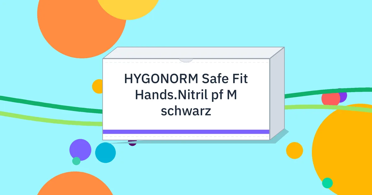 Symbolbild: Packung mit der Aufschrift HYGONORM Safe Fit Hands.Nitril pf M schwarz (PZN 20772302) – Verfügbarkeit und Bezug in Apotheken in Frankfurt am Main