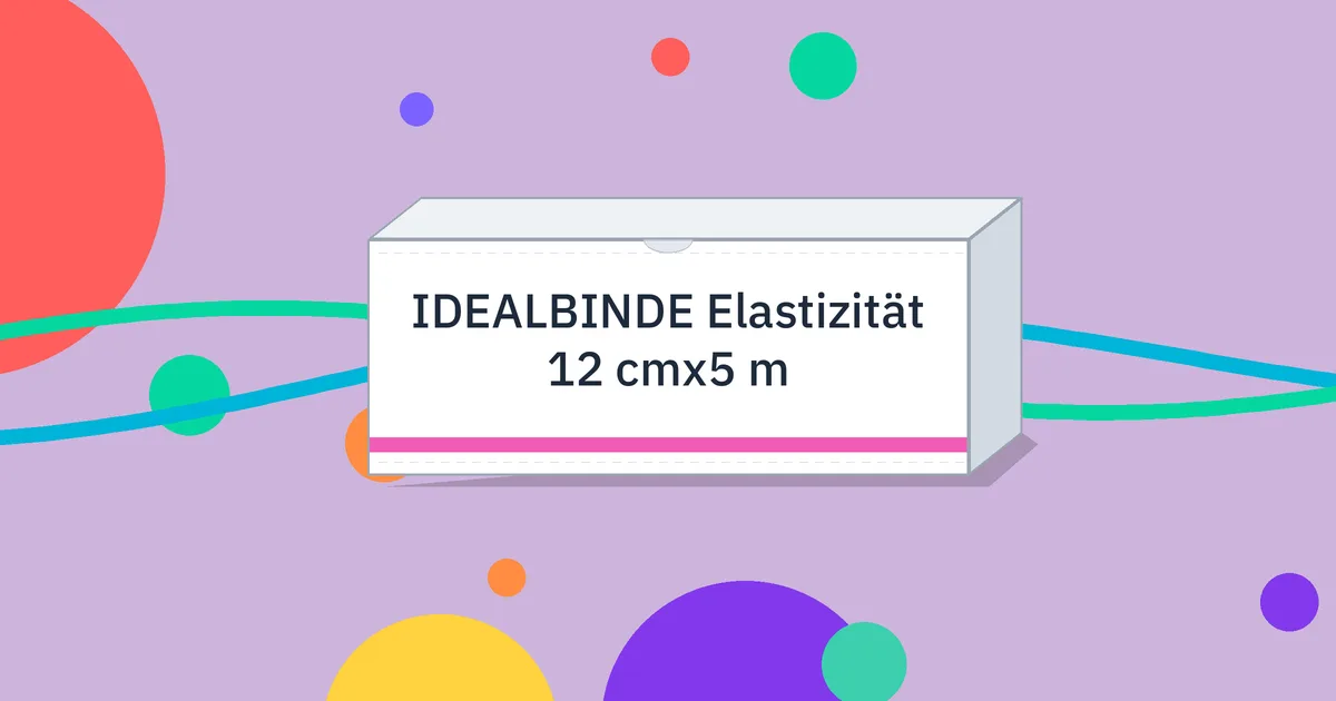 Symbolbild: Packung mit der Aufschrift IDEALBINDE Elastizität 12 cmx5 m (PZN 08443464) – Verfügbarkeit und Bezug in Apotheken in Frankfurt am Main