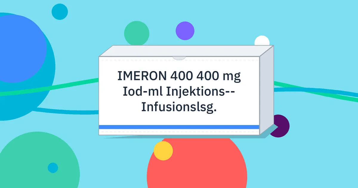 Symbolbild: Packung mit der Aufschrift IMERON 400 400 mg Iod-ml Injektions--Infusionslsg. (PZN 12412819) – Verfügbarkeit und Bezug in Apotheken in Frankfurt am Main