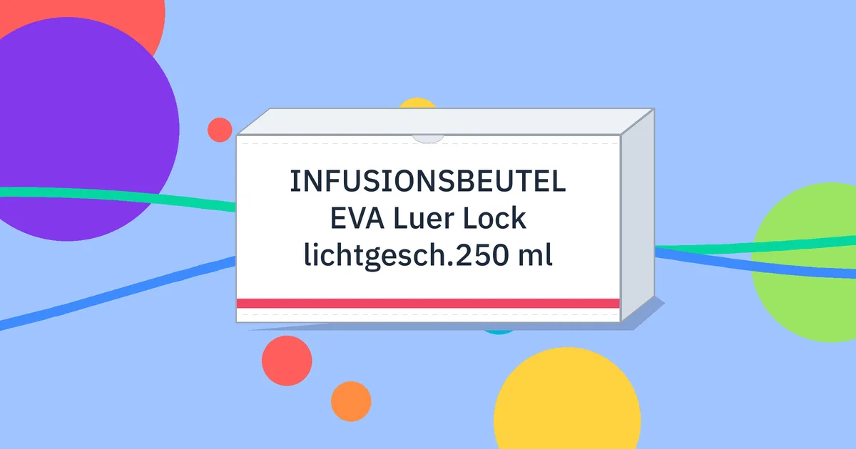 Symbolbild: Packung mit der Aufschrift INFUSIONSBEUTEL EVA Luer Lock lichtgesch.250 ml (PZN 19986914) – Verfügbarkeit und Bezug in Apotheken in Frankfurt am Main