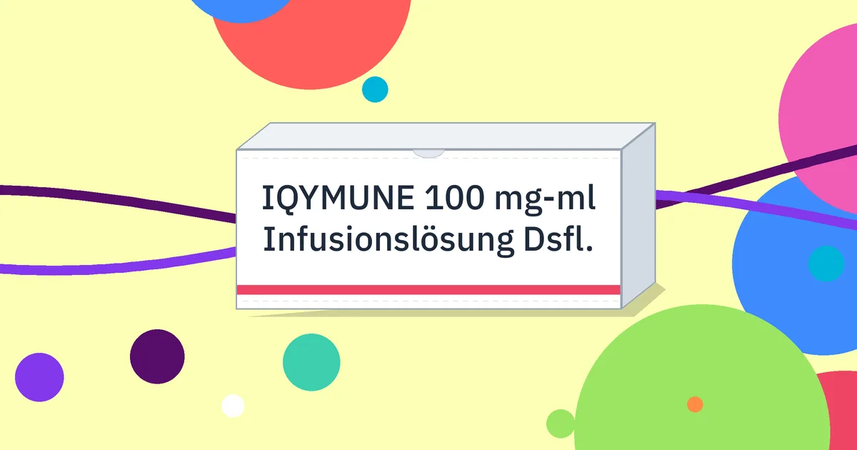 Symbolbild: Packung mit der Aufschrift IQYMUNE 100 mg-ml Infusionslösung Dsfl. (PZN 11510603) – Verfügbarkeit und Bezug in Apotheken in Frankfurt am Main