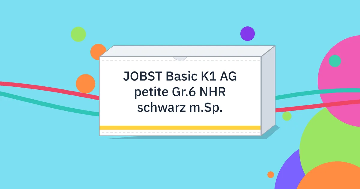 Symbolbild: Packung mit der Aufschrift JOBST Basic K1 AG petite Gr.6 NHR schwarz m.Sp. (PZN 15309602) – Verfügbarkeit und Bezug in Apotheken in Frankfurt am Main