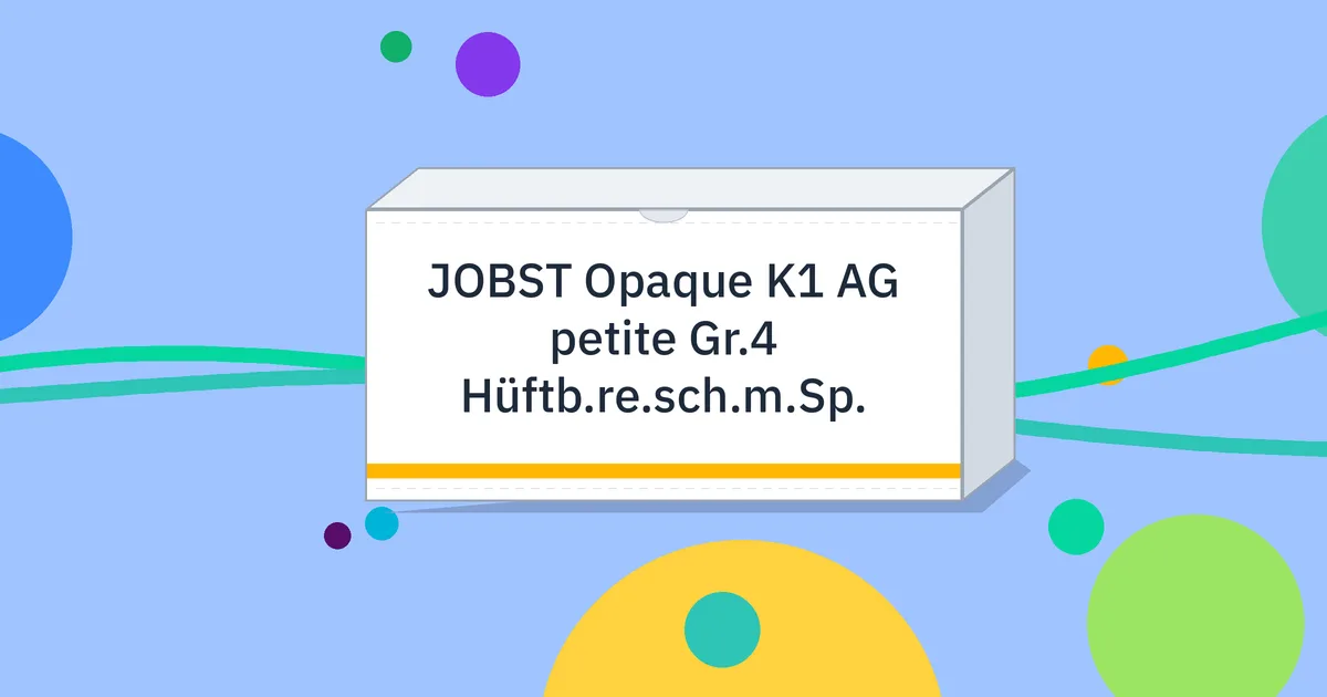 Symbolbild: Packung mit der Aufschrift JOBST Opaque K1 AG petite Gr.4 Hüftb.re.sch.m.Sp. (PZN 13099224) – Verfügbarkeit und Bezug in Apotheken in Frankfurt am Main