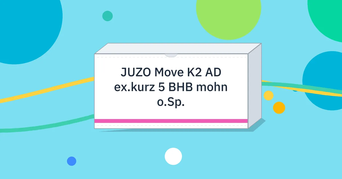 Symbolbild: Packung mit der Aufschrift JUZO Move K2 AD ex.kurz 5 BHB mohn o.Sp. (PZN 18542670) – Verfügbarkeit und Bezug in Apotheken in Frankfurt am Main