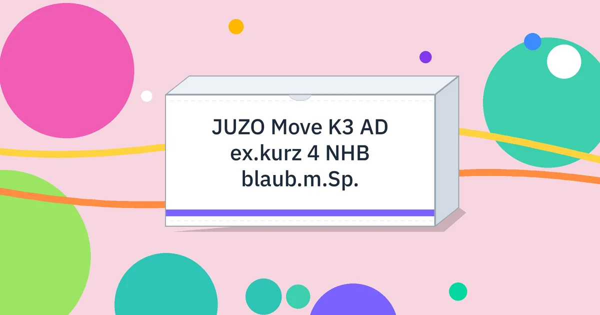 Symbolbild: Packung mit der Aufschrift JUZO Move K3 AD ex.kurz 4 NHB blaub.m.Sp. (PZN 18573386) – Verfügbarkeit und Bezug in Apotheken in Frankfurt am Main