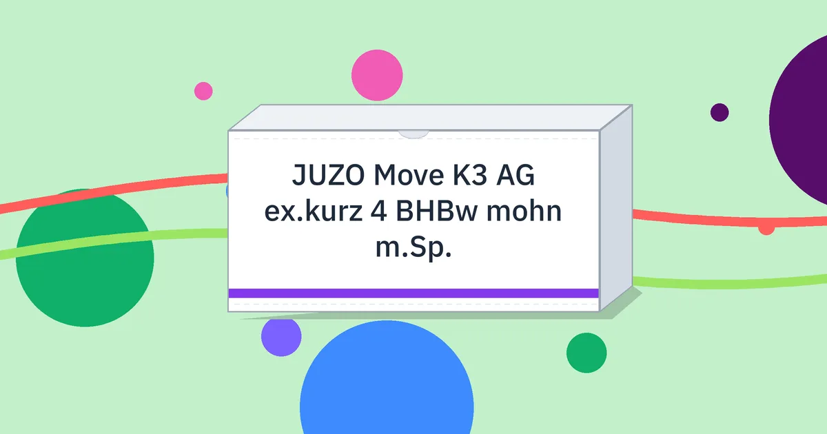 Symbolbild: Packung mit der Aufschrift JUZO Move K3 AG ex.kurz 4 BHBw mohn m.Sp. (PZN 18595689) – Verfügbarkeit und Bezug in Apotheken in Frankfurt am Main