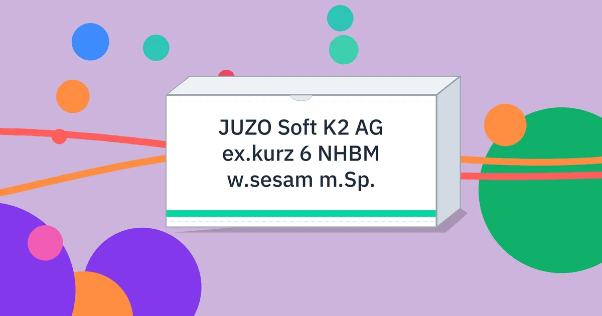 Symbolbild: Packung mit der Aufschrift JUZO Soft K2 AG ex.kurz 6 NHBM w.sesam m.Sp. (PZN 15023171) – Verfügbarkeit und Bezug in Apotheken in Frankfurt am Main