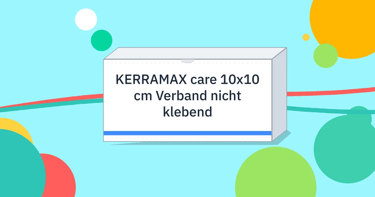 Symbolbild: Packung mit der Aufschrift KERRAMAX care 10x10 cm Verband nicht klebend (PZN 12548737) – Verfügbarkeit und Bezug in Apotheken in Frankfurt am Main