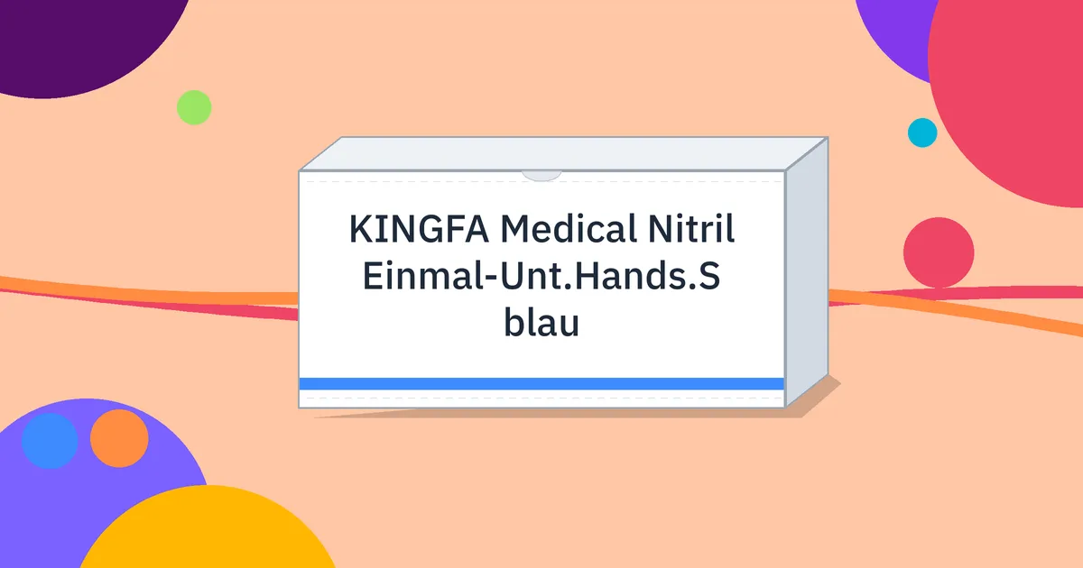 Symbolbild: Packung mit der Aufschrift KINGFA Medical Nitril Einmal-Unt.Hands.S blau (PZN 20418836) – Verfügbarkeit und Bezug in Apotheken in Frankfurt am Main