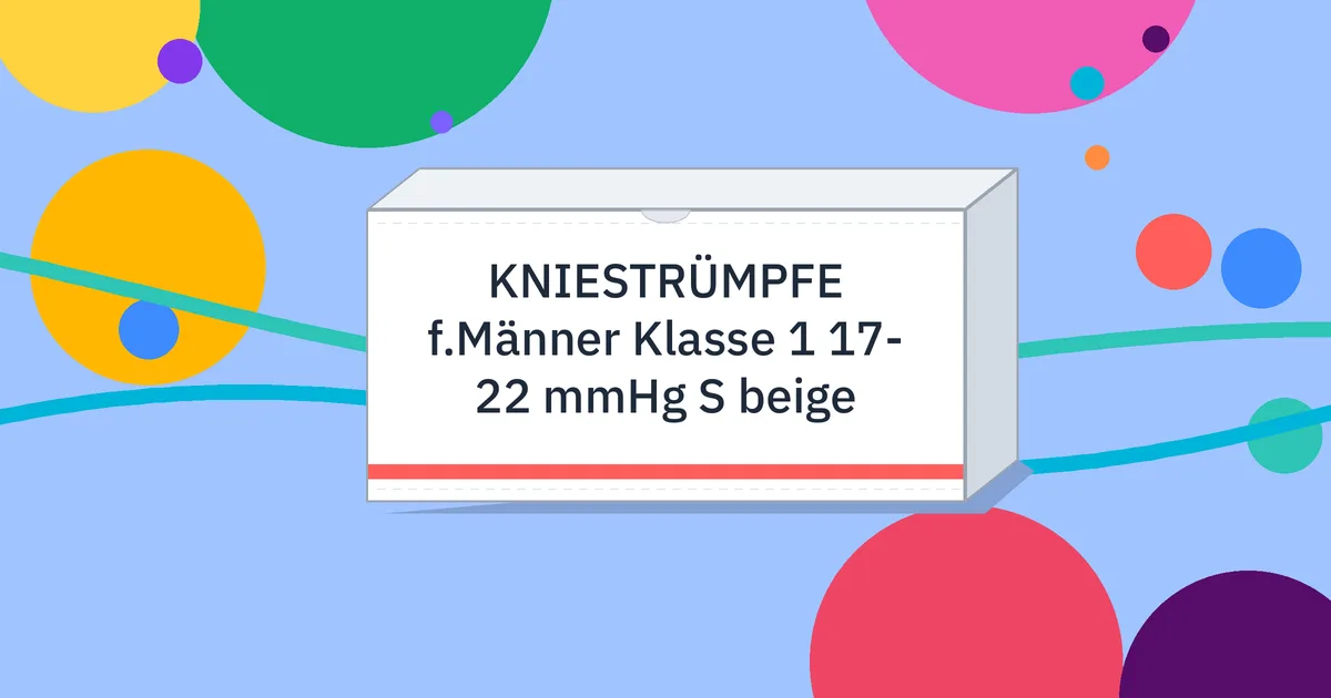 Symbolbild: Packung mit der Aufschrift KNIESTRÜMPFE f.Männer Klasse 1 17-22 mmHg S beige (PZN 19072605) – Verfügbarkeit und Bezug in Apotheken in Frankfurt am Main