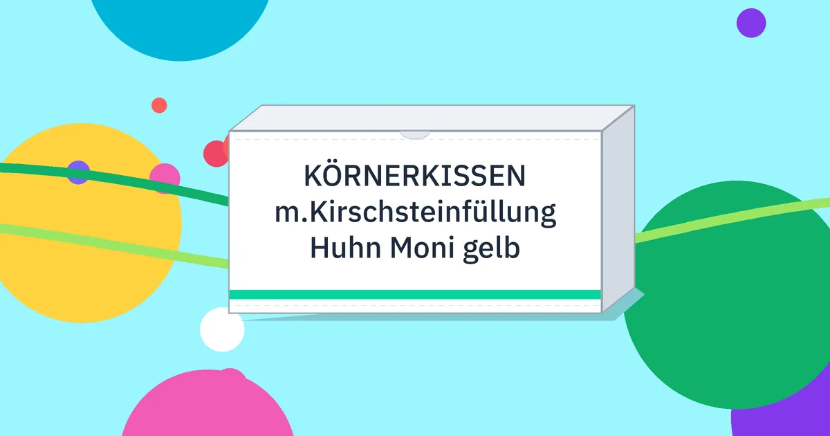 Symbolbild: Packung mit der Aufschrift KÖRNERKISSEN m.Kirschsteinfüllung Huhn Moni gelb (PZN 17537738) – Verfügbarkeit und Bezug in Apotheken in Frankfurt am Main