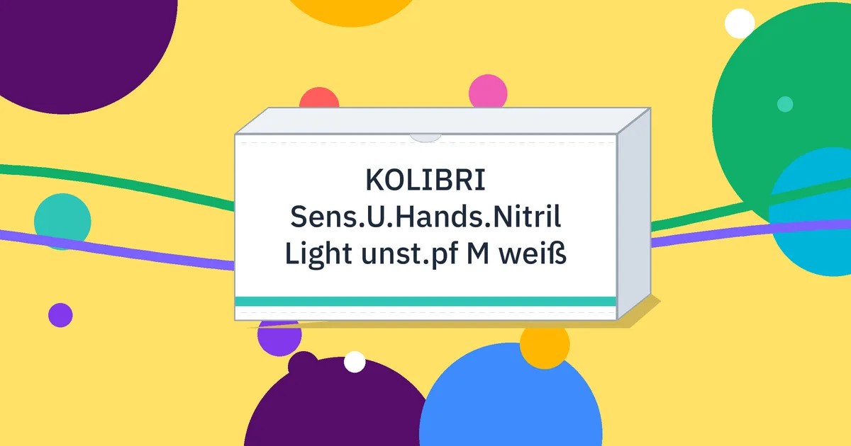 Symbolbild: Packung mit der Aufschrift KOLIBRI Sens.U.Hands.Nitril Light unst.pf M weiß (PZN 18891531) – Verfügbarkeit und Bezug in Apotheken in Frankfurt am Main