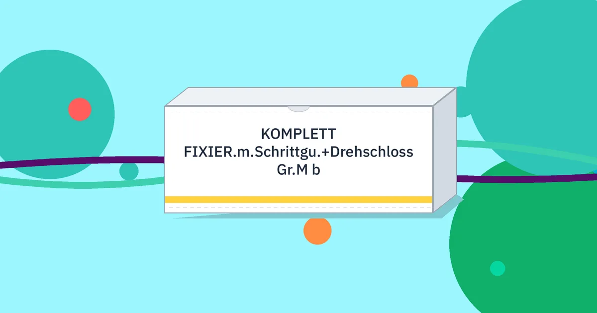 Symbolbild: Packung mit der Aufschrift KOMPLETT FIXIER.m.Schrittgu.+Drehschloss Gr.M b (PZN 11573199) – Verfügbarkeit und Bezug in Apotheken in Frankfurt am Main