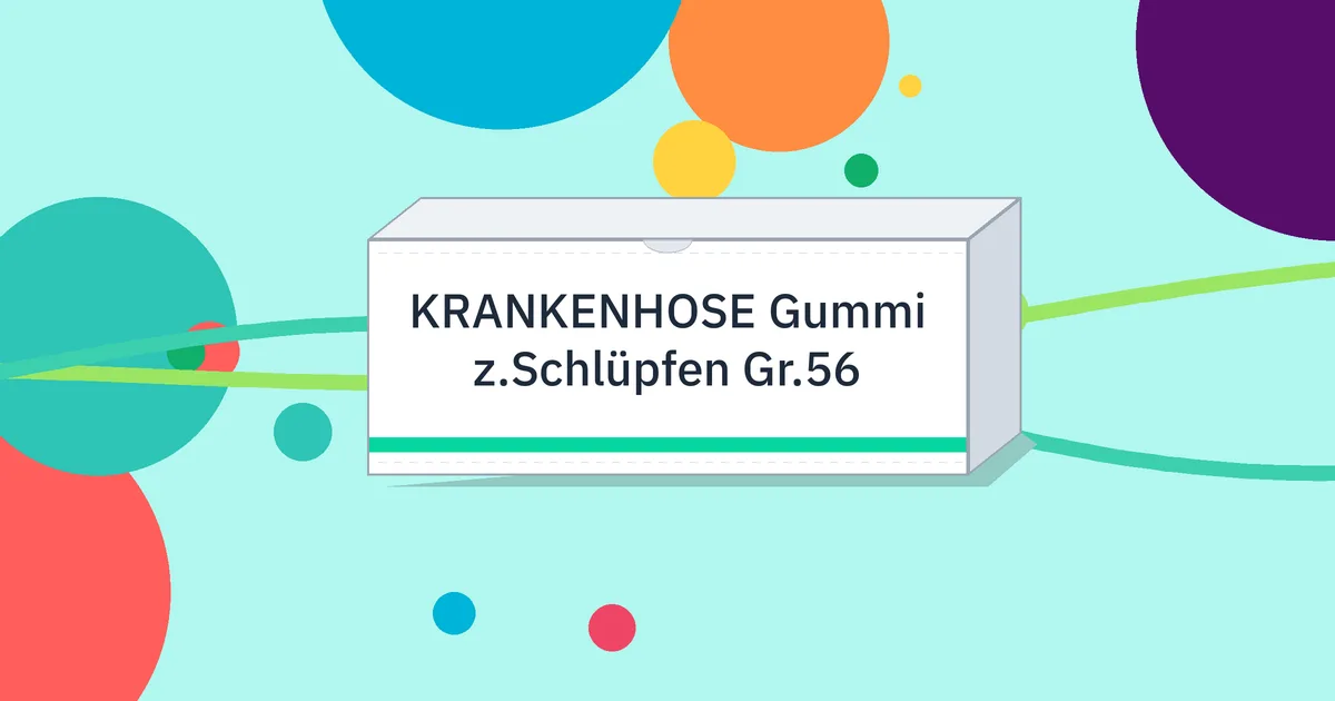 Symbolbild: Packung mit der Aufschrift KRANKENHOSE Gummi z.Schlüpfen Gr.56 (PZN 01979977) – Verfügbarkeit und Bezug in Apotheken in Frankfurt am Main