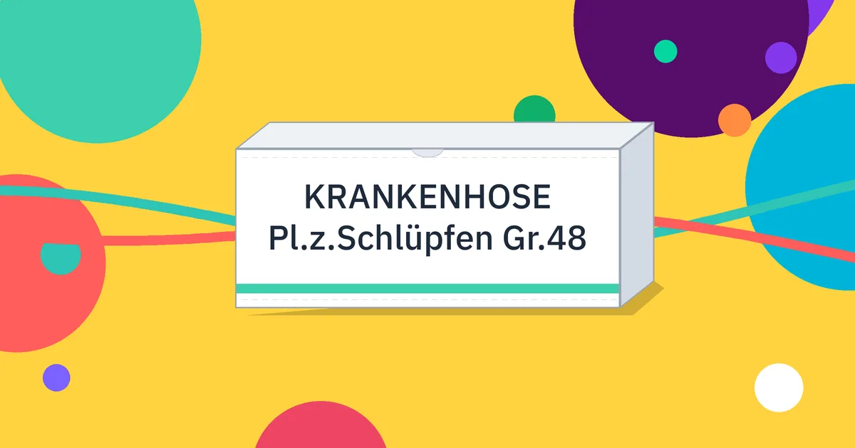 Symbolbild: Packung mit der Aufschrift KRANKENHOSE Pl.z.Schlüpfen Gr.48 (PZN 01740733) – Verfügbarkeit und Bezug in Apotheken in Frankfurt am Main