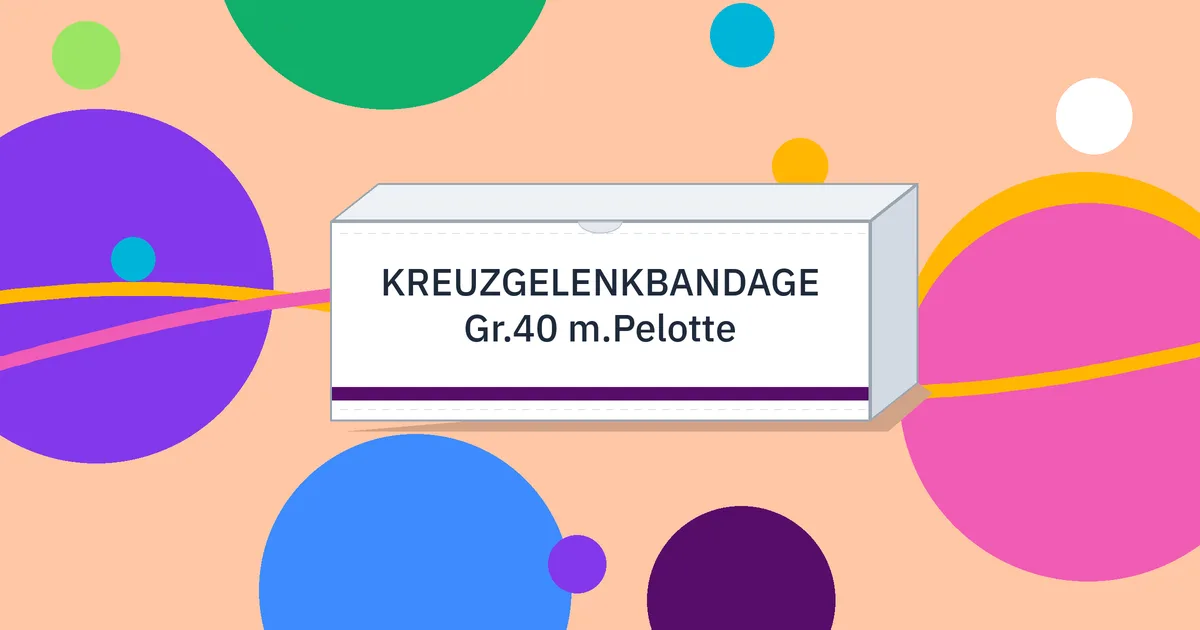 Symbolbild: Packung mit der Aufschrift KREUZGELENKBANDAGE Gr.40 m.Pelotte (PZN 02008827) – Verfügbarkeit und Bezug in Apotheken in Frankfurt am Main