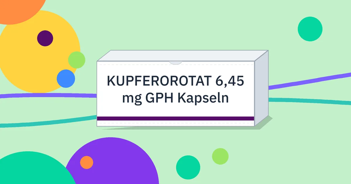 Symbolbild: Packung mit der Aufschrift KUPFEROROTAT 6,45 mg GPH Kapseln (PZN 11658079) – Verfügbarkeit und Bezug in Apotheken in Frankfurt am Main