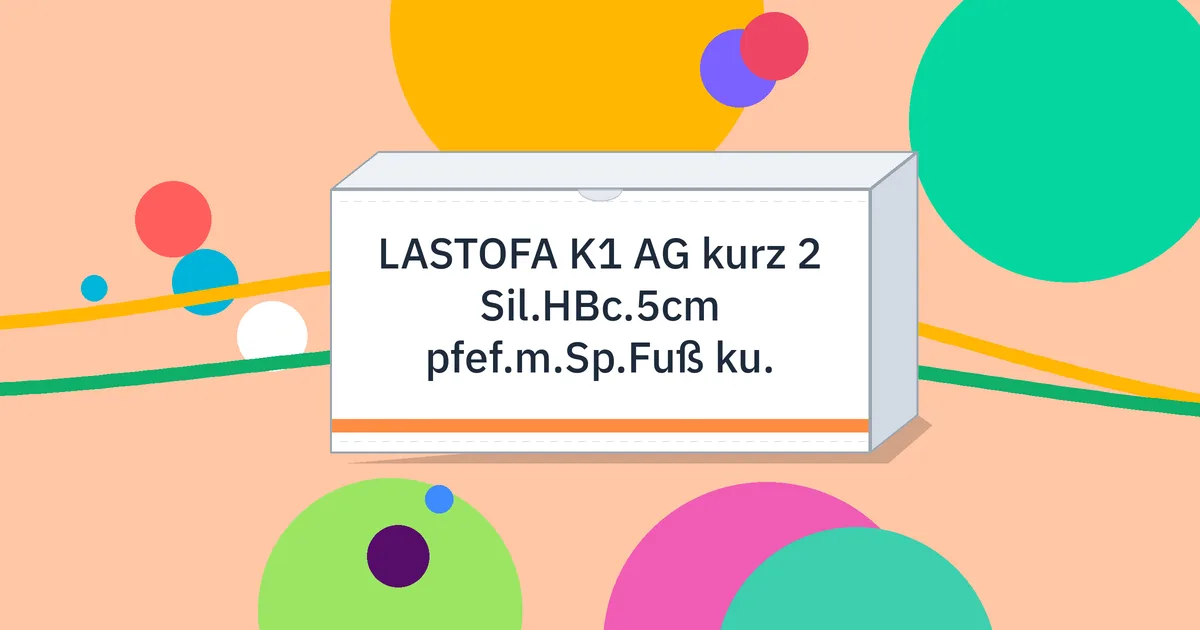 Symbolbild: Packung mit der Aufschrift LASTOFA K1 AG kurz 2 Sil.HBc.5cm pfef.m.Sp.Fuß ku. (PZN 13790481) – Verfügbarkeit und Bezug in Apotheken in Frankfurt am Main