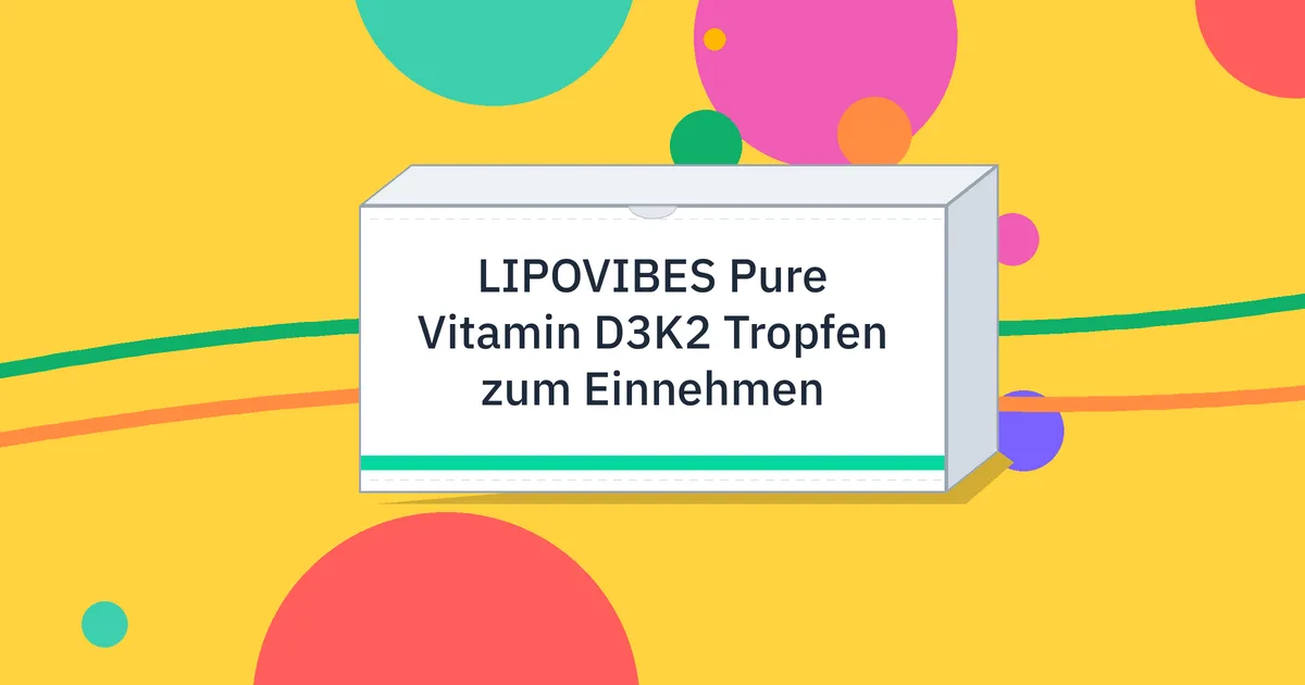 Symbolbild: Packung mit der Aufschrift LIPOVIBES Pure Vitamin D3K2 Tropfen zum Einnehmen (PZN 18314213) – Verfügbarkeit und Bezug in Apotheken in Frankfurt am Main