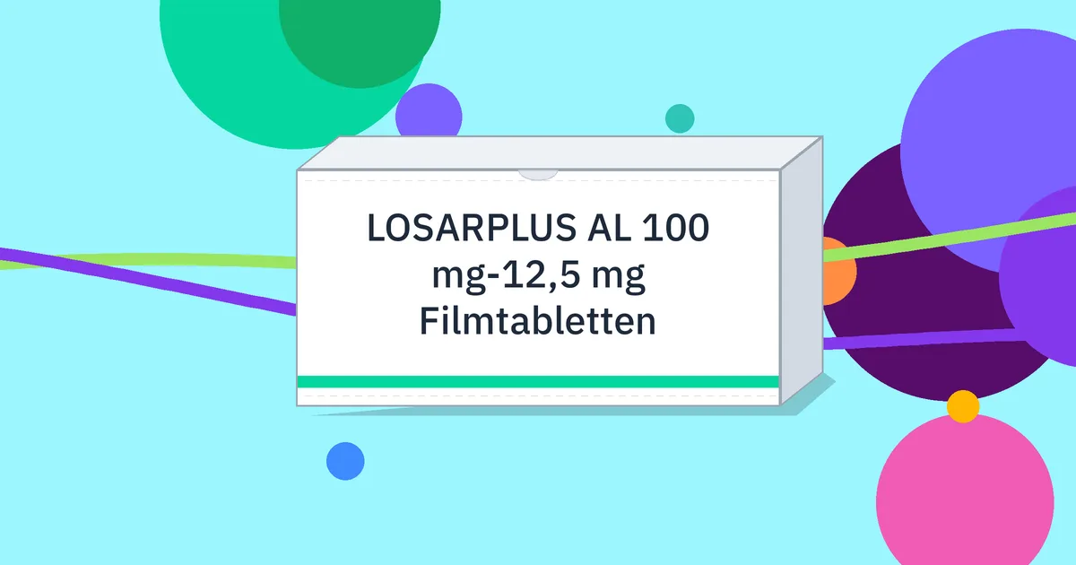 Symbolbild: Packung mit der Aufschrift LOSARPLUS AL 100 mg-12,5 mg Filmtabletten (PZN 01614856) – Verfügbarkeit und Bezug in Apotheken in Frankfurt am Main