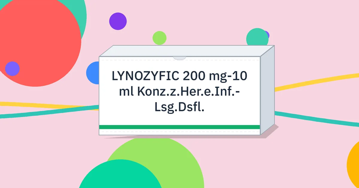 Symbolbild: Packung mit der Aufschrift LYNOZYFIC 200 mg-10 ml Konz.z.Her.e.Inf.-Lsg.Dsfl. (PZN 19503442) – Verfügbarkeit und Bezug in Apotheken in Frankfurt am Main