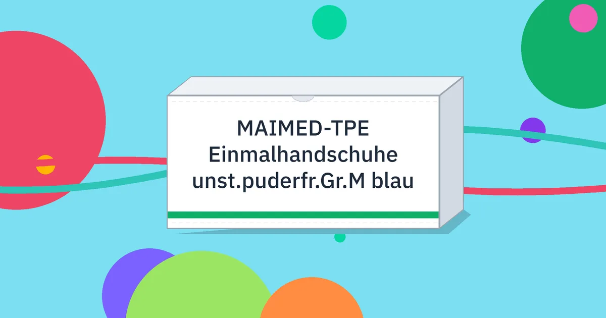 Symbolbild: Packung mit der Aufschrift MAIMED-TPE Einmalhandschuhe unst.puderfr.Gr.M blau (PZN 19725929) – Verfügbarkeit und Bezug in Apotheken in Frankfurt am Main