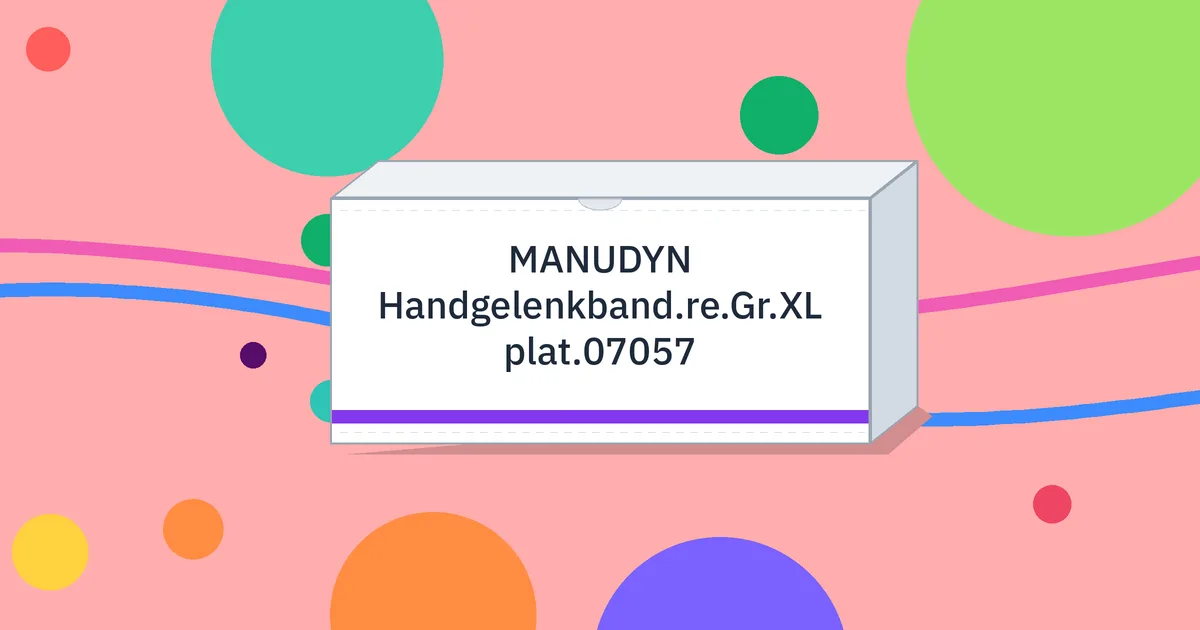 Symbolbild: Packung mit der Aufschrift MANUDYN Handgelenkband.re.Gr.XL plat.07057 (PZN 06114928) – Verfügbarkeit und Bezug in Apotheken in Frankfurt am Main