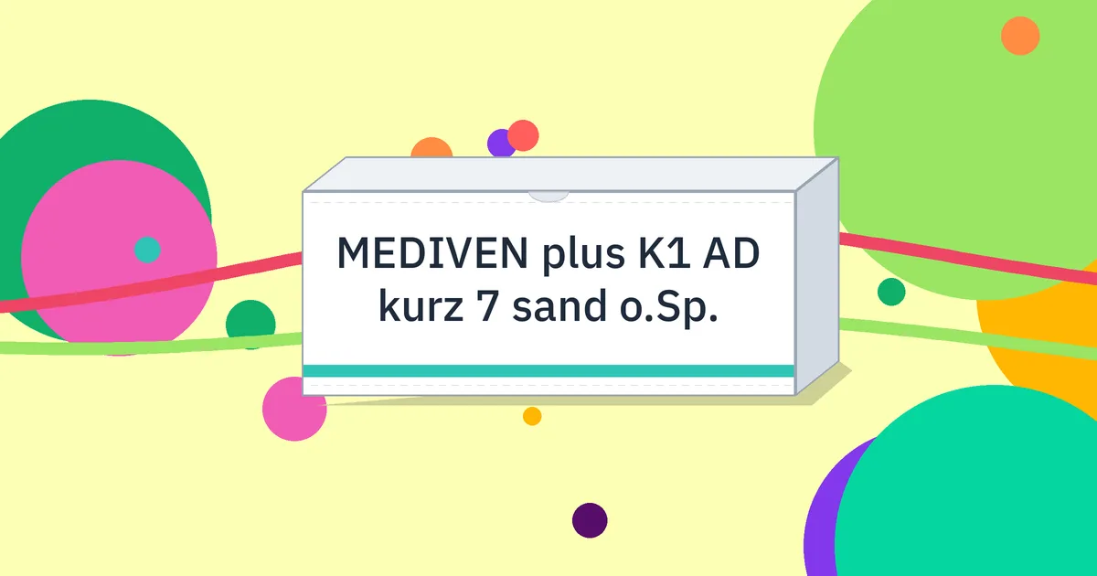 Symbolbild: Packung mit der Aufschrift MEDIVEN plus K1 AD kurz 7 sand o.Sp. (PZN 18934111) – Verfügbarkeit und Bezug in Apotheken in Frankfurt am Main