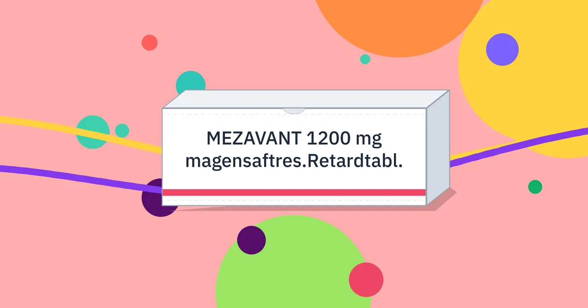 Symbolbild: Packung mit der Aufschrift MEZAVANT 1200 mg magensaftres.Retardtabl. (PZN 16336908) – Verfügbarkeit und Bezug in Apotheken in Frankfurt am Main