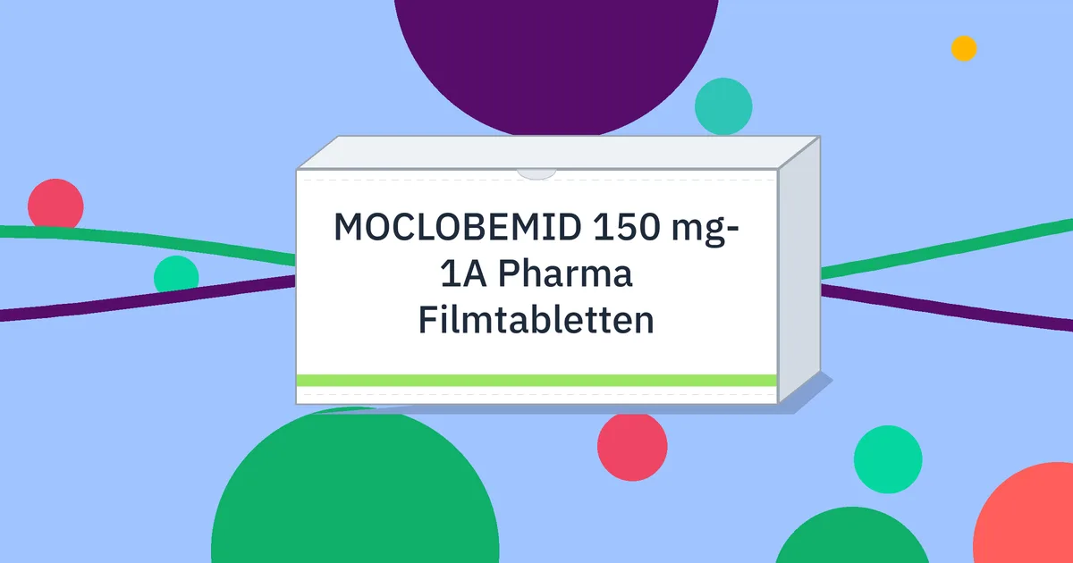 Symbolbild: Packung mit der Aufschrift MOCLOBEMID 150 mg-1A Pharma Filmtabletten (PZN 02181566) – Verfügbarkeit und Bezug in Apotheken in Frankfurt am Main