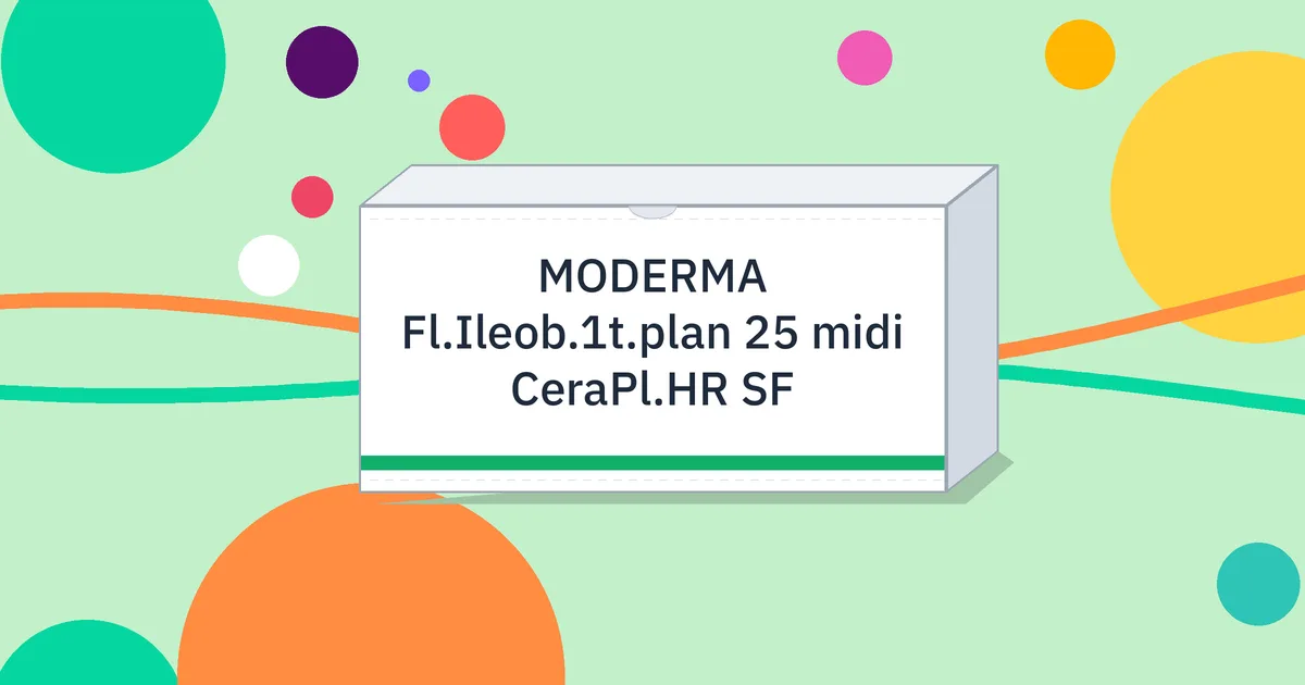 Symbolbild: Packung mit der Aufschrift MODERMA Fl.Ileob.1t.plan 25 midi CeraPl.HR SF (PZN 12417053) – Verfügbarkeit und Bezug in Apotheken in Frankfurt am Main