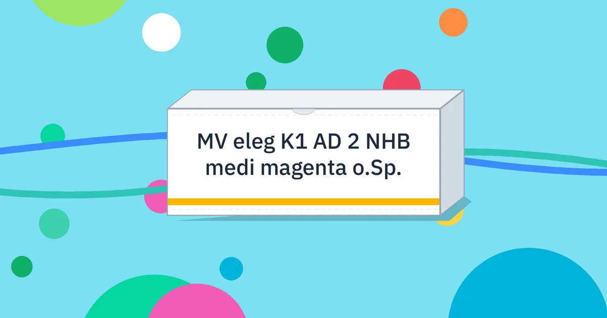 Symbolbild: Packung mit der Aufschrift MV eleg K1 AD 2 NHB medi magenta o.Sp. (PZN 15674684) – Verfügbarkeit und Bezug in Apotheken in Frankfurt am Main