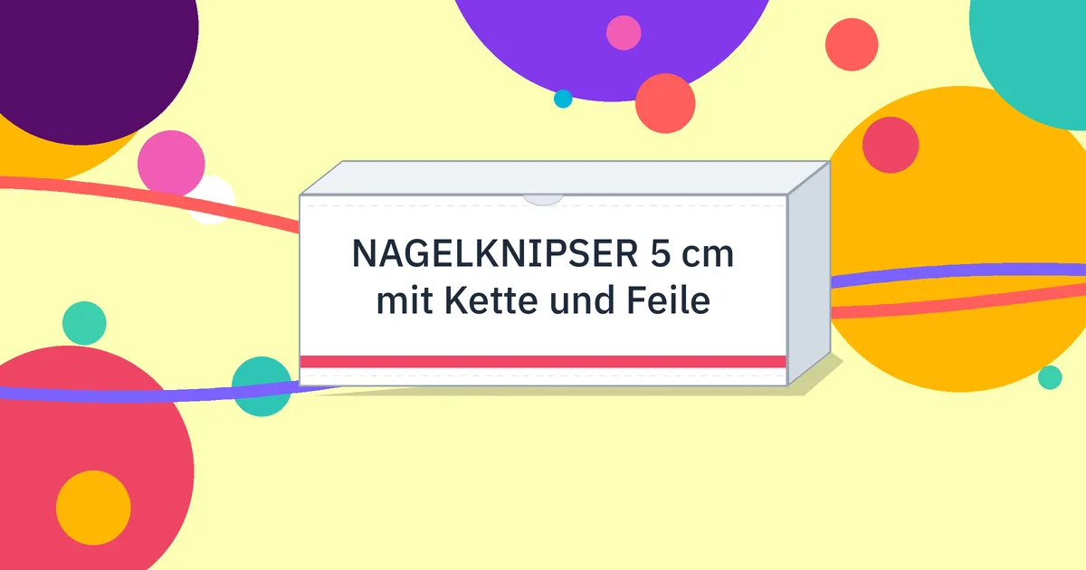 Symbolbild: Packung mit der Aufschrift NAGELKNIPSER 5 cm mit Kette und Feile (PZN 02577873) – Verfügbarkeit und Bezug in Apotheken in Frankfurt am Main