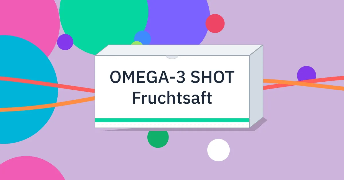 Symbolbild: Packung mit der Aufschrift OMEGA-3 SHOT Fruchtsaft (PZN 17636481) – Verfügbarkeit und Bezug in Apotheken in Frankfurt am Main