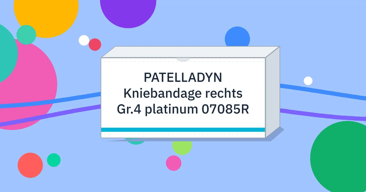 Symbolbild: Packung mit der Aufschrift PATELLADYN Kniebandage rechts Gr.4 platinum 07085R (PZN 08438078) – Verfügbarkeit und Bezug in Apotheken in Frankfurt am Main
