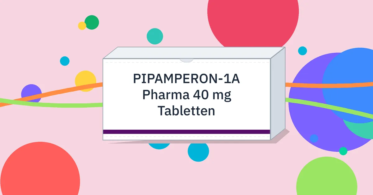 Symbolbild: Packung mit der Aufschrift PIPAMPERON-1A Pharma 40 mg Tabletten (PZN 06861387) – Verfügbarkeit und Bezug in Apotheken in Frankfurt am Main