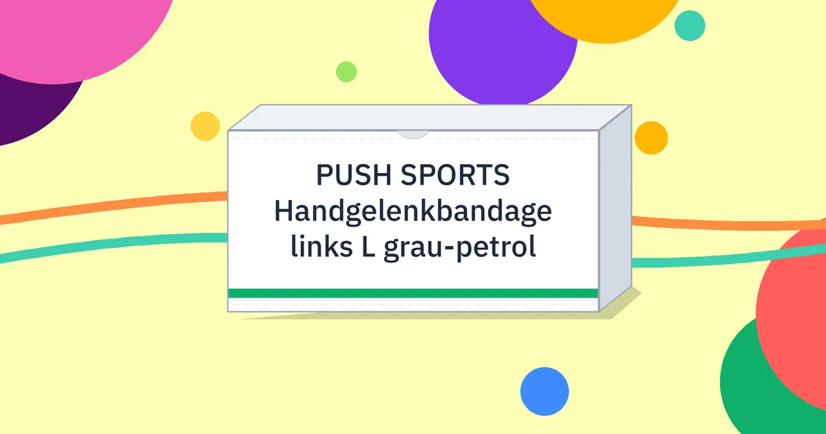 Symbolbild: Packung mit der Aufschrift PUSH SPORTS Handgelenkbandage links L grau-petrol (PZN 13821721) – Verfügbarkeit und Bezug in Apotheken in Frankfurt am Main