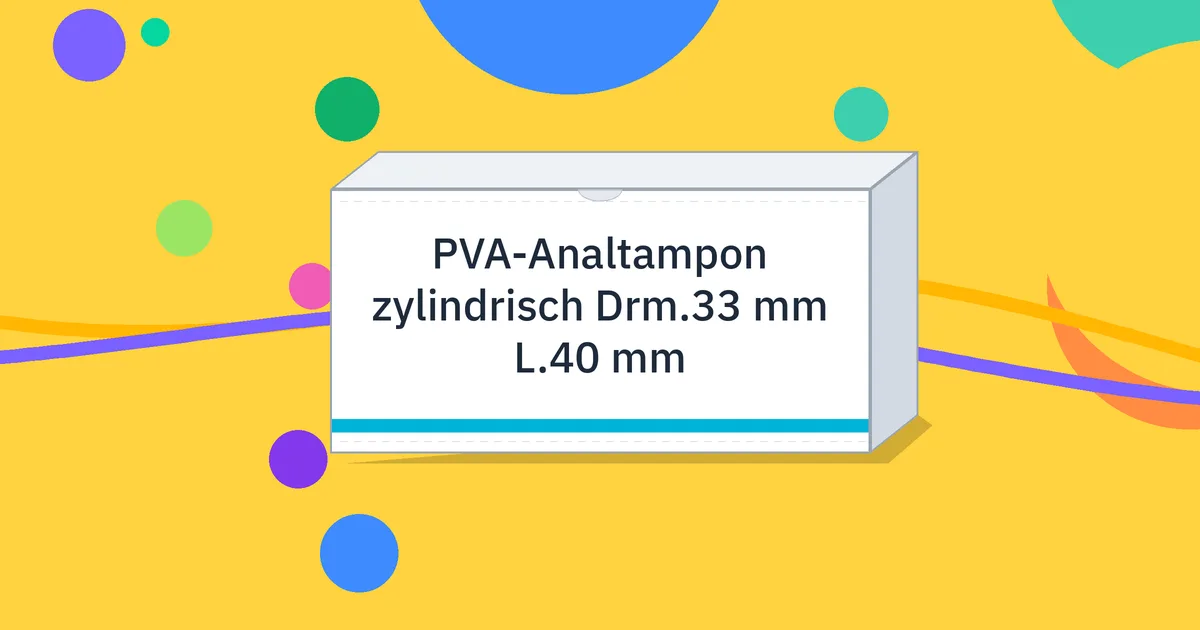 Symbolbild: Packung mit der Aufschrift PVA-Analtampon zylindrisch Drm.33 mm L.40 mm (PZN 19223990) – Verfügbarkeit und Bezug in Apotheken in Frankfurt am Main