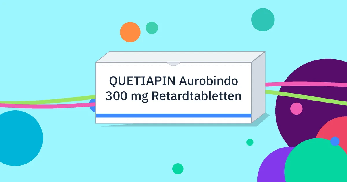 Symbolbild: Packung mit der Aufschrift QUETIAPIN Aurobindo 300 mg Retardtabletten (PZN 18428862) – Verfügbarkeit und Bezug in Apotheken in Frankfurt am Main