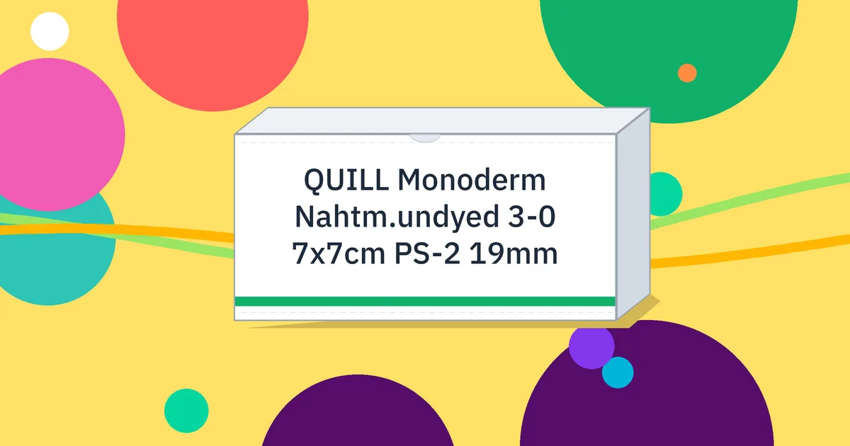 Symbolbild: Packung mit der Aufschrift QUILL Monoderm Nahtm.undyed 3-0 7x7cm PS-2 19mm (PZN 17988530) – Verfügbarkeit und Bezug in Apotheken in Frankfurt am Main