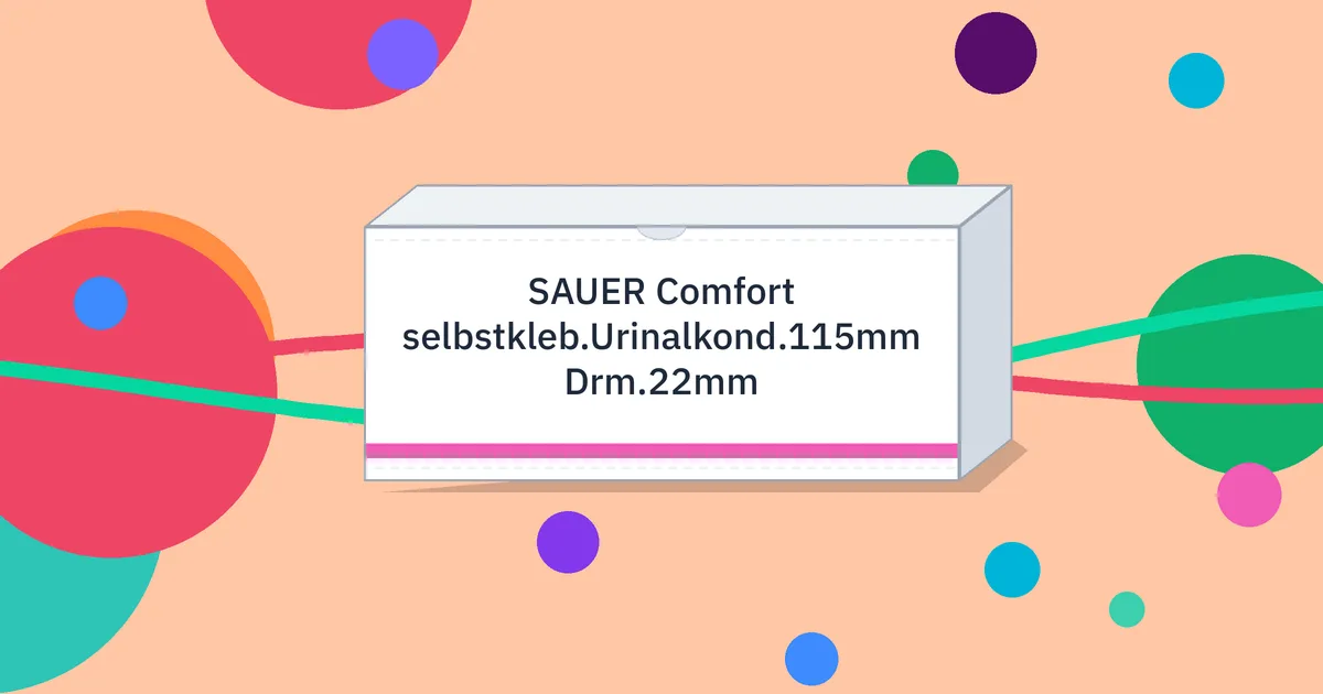 Symbolbild: Packung mit der Aufschrift SAUER Comfort selbstkleb.Urinalkond.115mm Drm.22mm (PZN 00464455) – Verfügbarkeit und Bezug in Apotheken in Frankfurt am Main