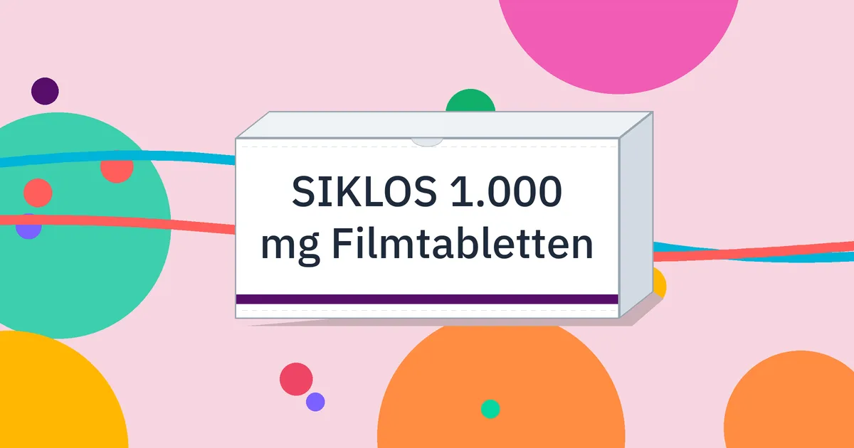 Symbolbild: Packung mit der Aufschrift SIKLOS 1.000 mg Filmtabletten (PZN 10525436) – Verfügbarkeit und Bezug in Apotheken in Frankfurt am Main